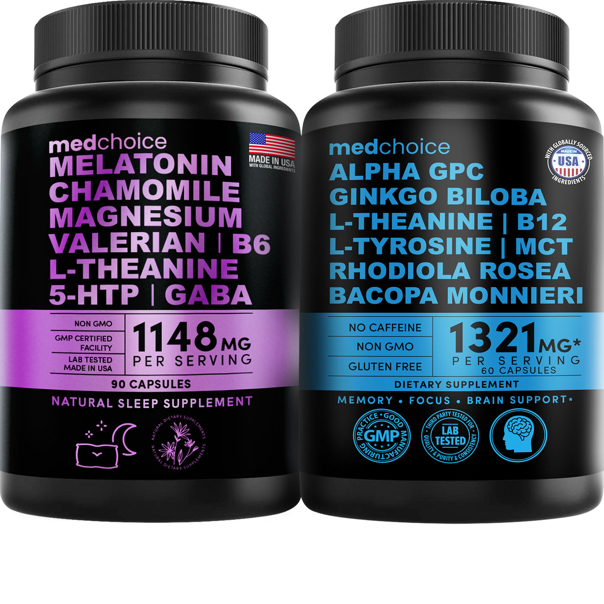 MEDCHOICE Sleep Melatonin (90ct) and Nootropic Brain (60ct) Supplement ...